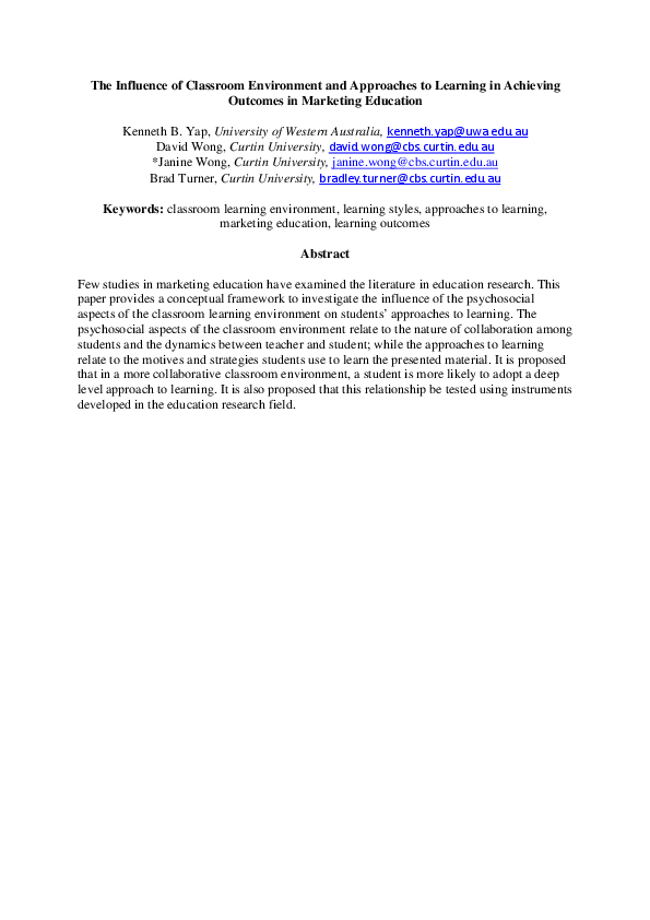 (PDF) The Influence of Classroom Environment and Approaches to Learning ...