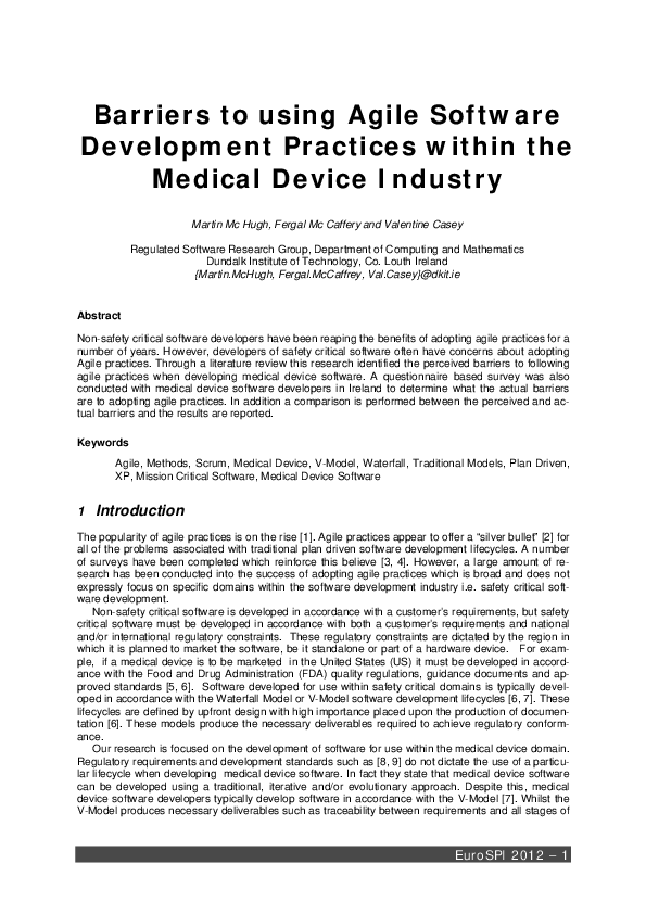 (PDF) Barriers to using Agile Software Development Practices within the Medical Device Industry