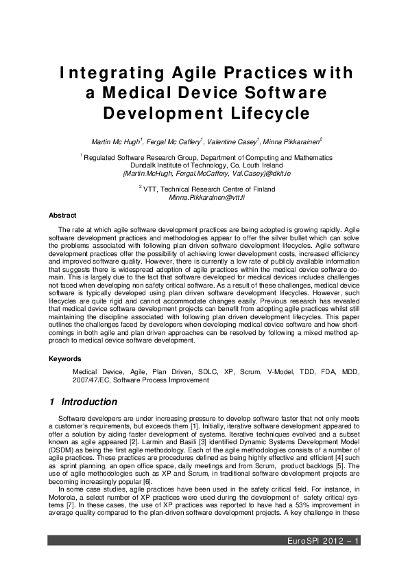 (PDF) Integrating Agile Practices with a Medical Device Software Development Lifecycle