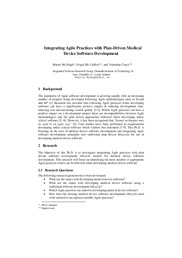 (PDF) Integrating Agile Practices with Plan-Driven Medical Device Software Development