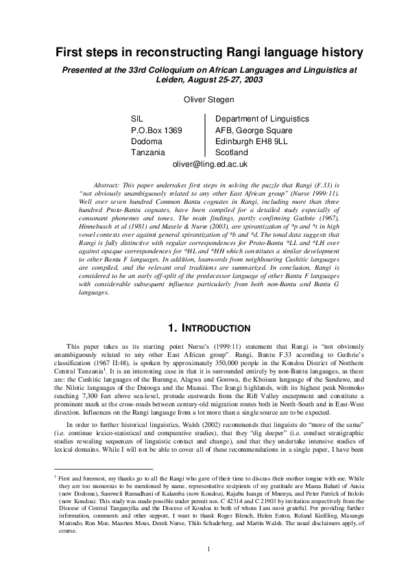 (PDF) First steps in reconstructing Rangi language history