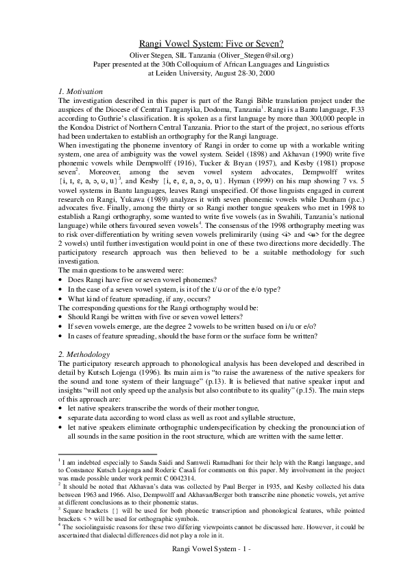 (PDF) Rangi Vowel System: Five or Seven?