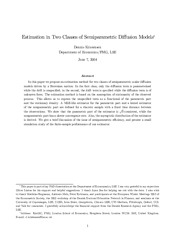 (PDF) Estimation in two classes of semiparametric diffusion models