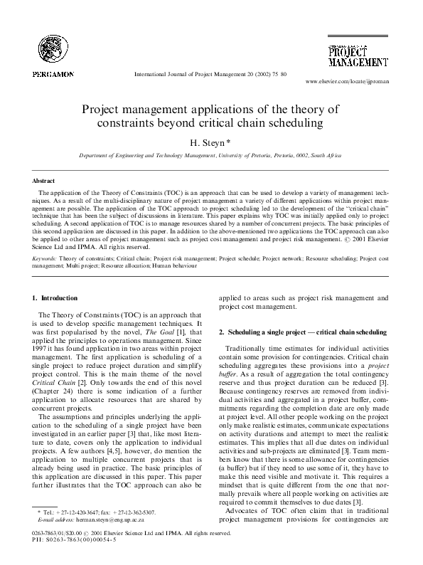 (PDF) Project Management Applications of the Theory of Constraints Beyond Critical Chain Scheduling
