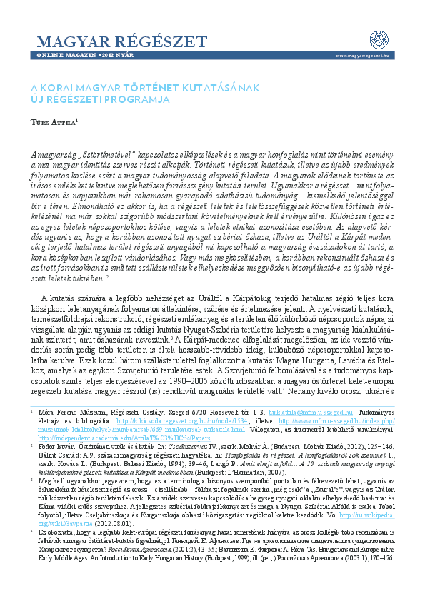 (PDF) Turk_Attila_A korai magyar történet_kutatasanak_uj_regeszeti ...