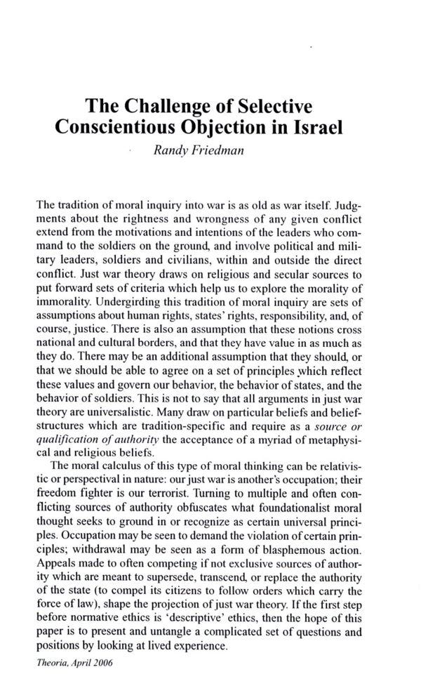 (PDF) The Challenge of Selective Conscientious Objection In Israel