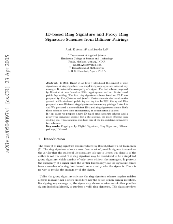 (PDF) ID-based ring signature and proxy ring signature schemes from bilinear pairings