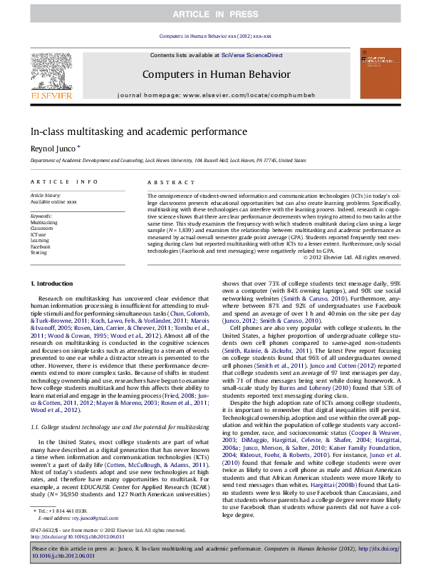 (PDF) In-class multitasking and academic performance
