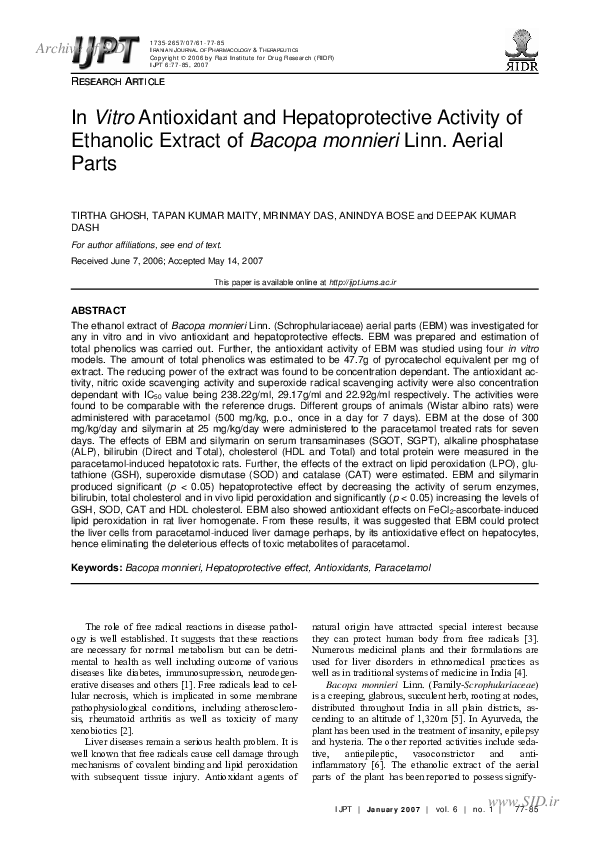 (PDF) In Vitro Antioxidant and Hepatoprotective Activity of Ethanolic Extract of Bacopa monnieri ...