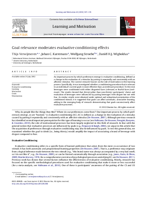 (PDF) Goal Relevance Moderates Evaluative Conditioning