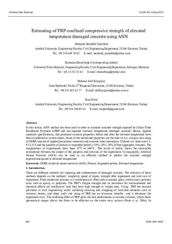 (PDF) Estimating of FRP-confined compressive strength of elevated temperature damaged concrete ...