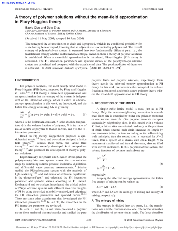 Pdf A Theory Of Polymer Solutions Without The Mean Field