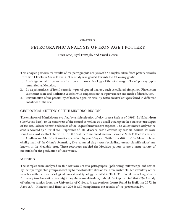 (PDF) 2006. Petrographic Analysis of Iron Age I Pottery [from Megiddo].