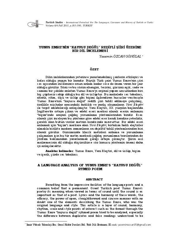 (PDF) Yunus Emre'nin "Kayusu Değül" Redifli Şiiri Üzerine Bir Dil ...