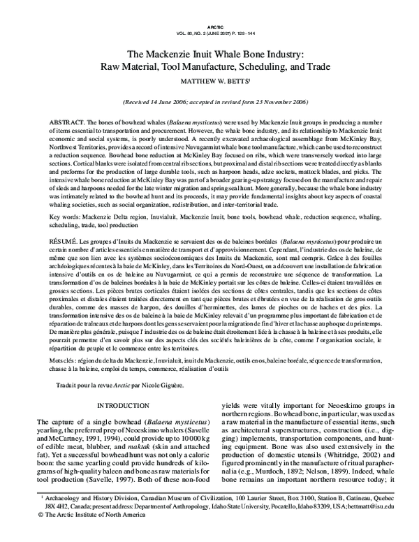 (PDF) THE MACKENZIE INUIT WHALE BONE INDUSTRY: RAW MATERIAL, TOOL ...