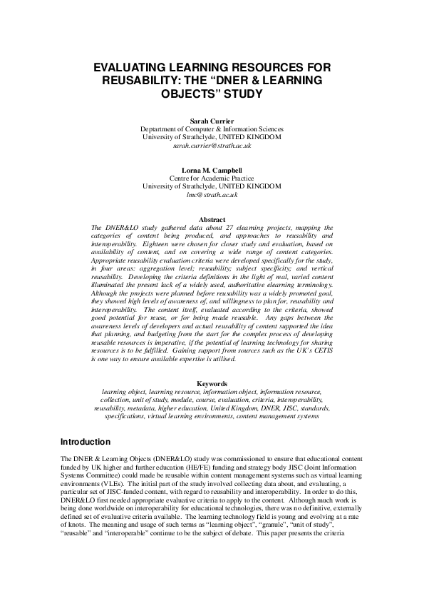 (PDF) Evaluating learning resources for reusability: the “dner & learning objects” study