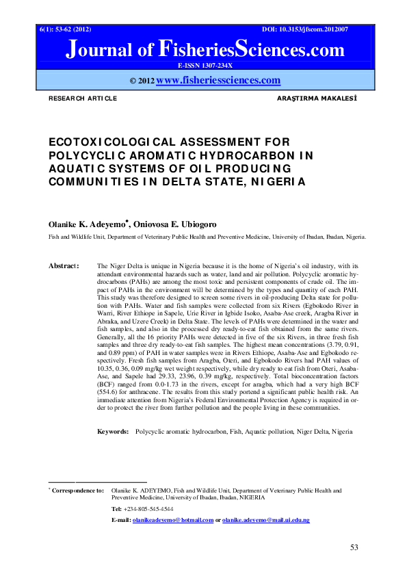 (PDF) ECOTOXICOLOGICAL ASSESSMENT FOR POLYCYCLIC AROMATIC HYDROCARBON IN AQUATIC SYSTEMS OF OIL ...