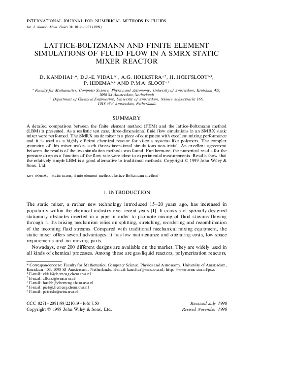 (PDF) Lattice‐Boltzmann and finite element simulations of fluid flow in a SMRX Static Mixer Reactor