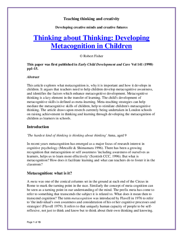 (PDF) Thinking about thinking: developing metacognition in children