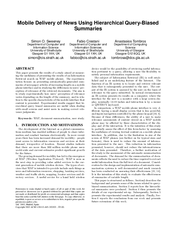 (PDF) Mobile delivery of news using hierarchical query-biased summaries