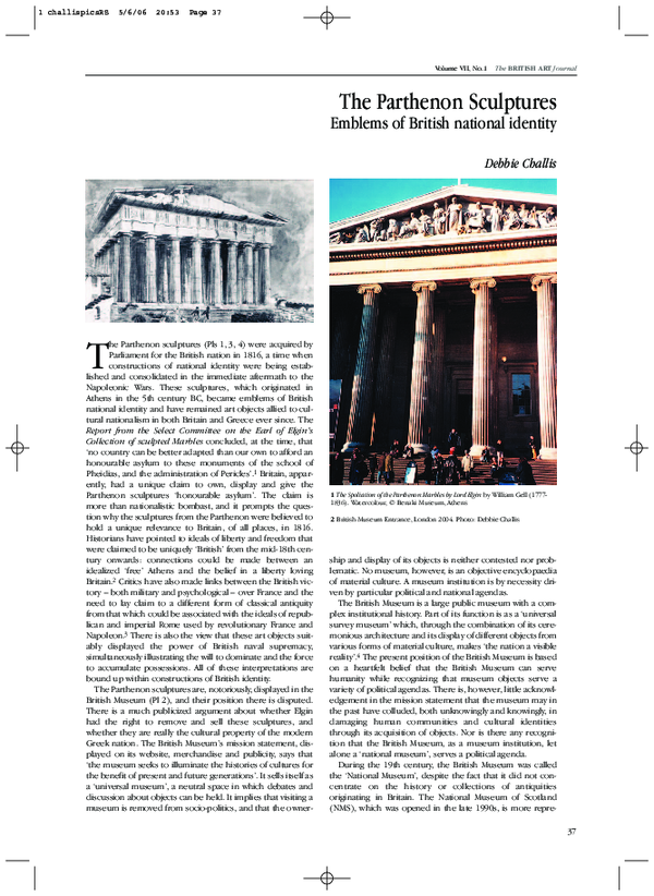 (PDF) ‘The Parthenon Sculptures: Emblems of British National Identity’, British Art Journal VII ...