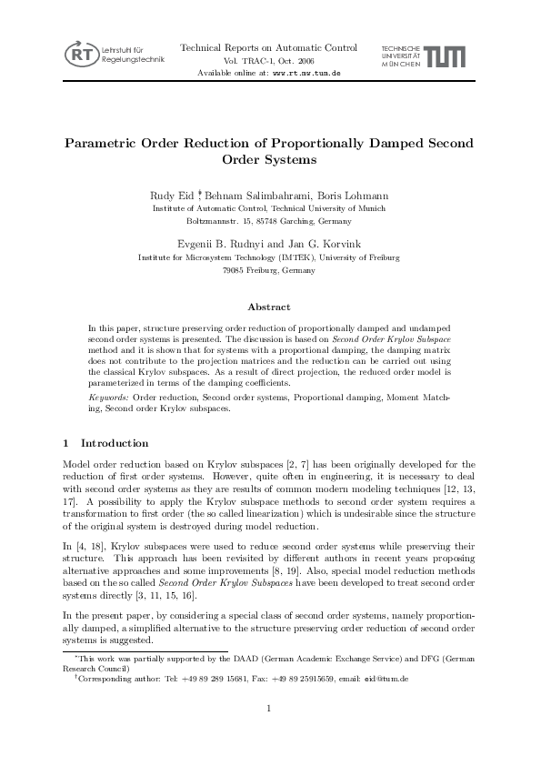 (PDF) Parametric order reduction of proportionally damped second-order systems