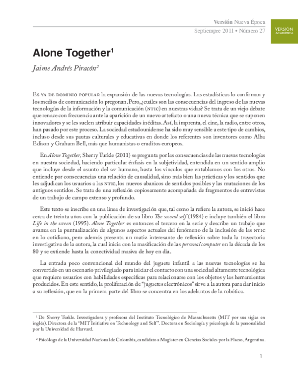 (PDF) Reseña: "Alone together" de Sherry Turkle