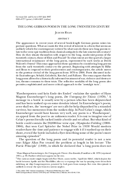 (PDF) "The Long German Poem in the Long Twentieth Century," German Life ...