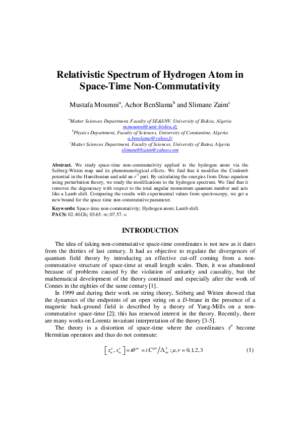 (PDF) Relativistic Spectrum of Hydrogen Atom in Space-Time Non-Commutativity
