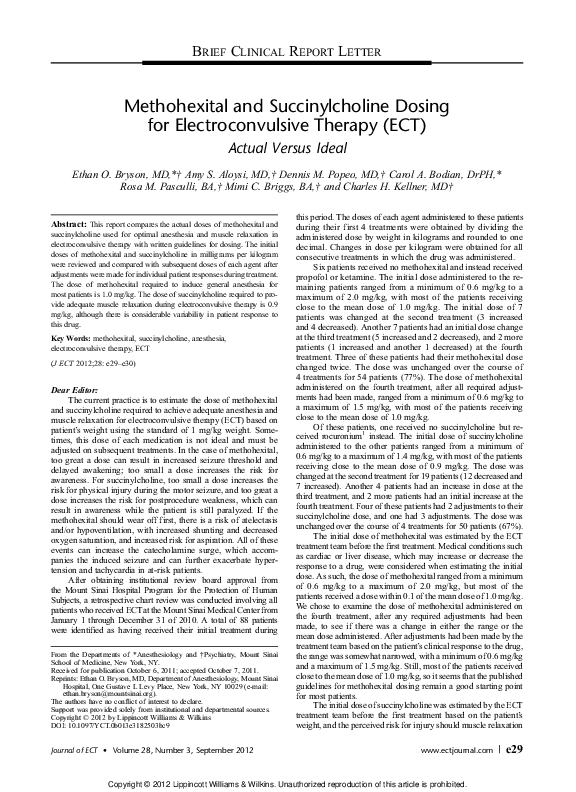 (PDF) Methohexital and Succinylcholine Dosing for Electroconvulsive ...