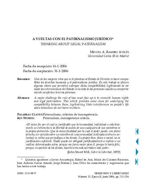 (PDF) A vueltas con el paternalismo jurídico [On Legal Paternalism]