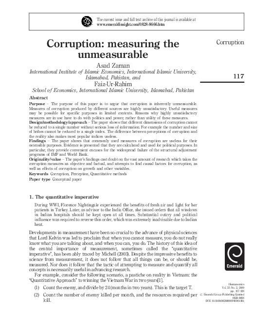 (PDF) Corruption: Measuring the Unmeasurable