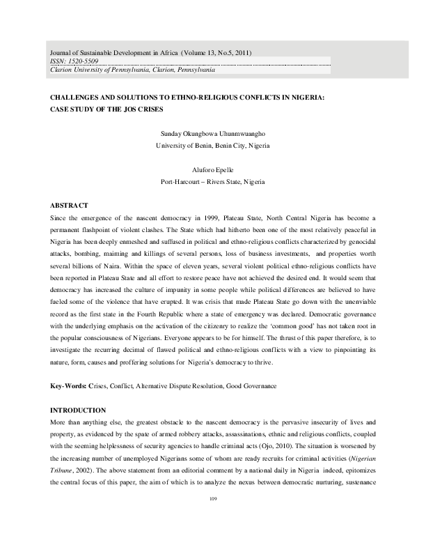 (PDF) CHALLENGES AND SOLUTIONS TO ETHNO-RELIGIOUS CONFLICTS IN NIGERIA ...