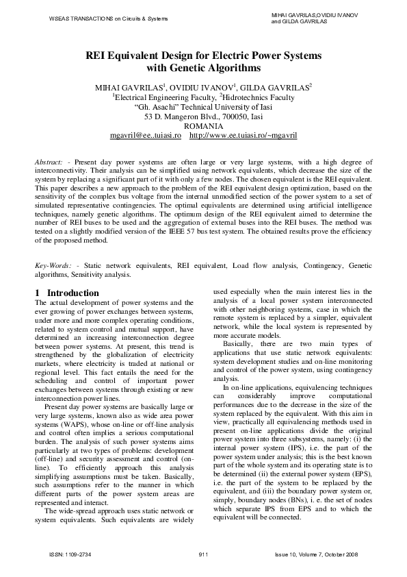 (PDF) REI equivalent design for electric power systems with genetic algorithms