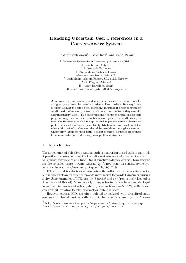 (PDF) Handling Uncertain User Preferences in a Context-Aware System
