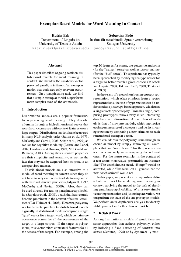 (PDF) Exemplar-Based Models for Word Meaning In Context