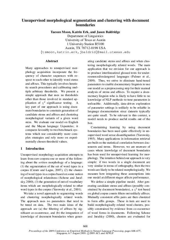 (PDF) Unsupervised morphological segmentation and clustering with document boundaries
