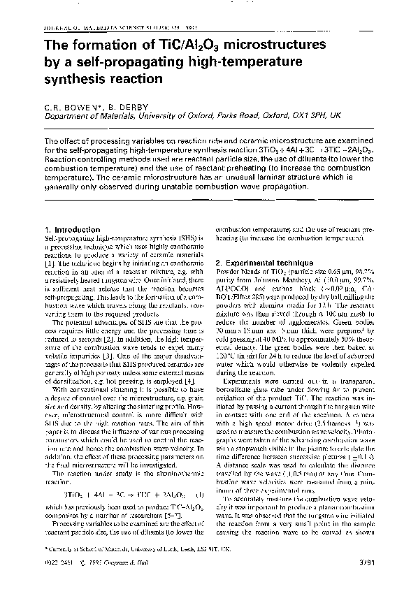 (PDF) The formation of TiC/Al2O3 microstructures by a self-propagating high-temperature ...