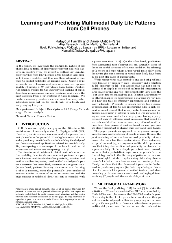 (PDF) Learning and predicting multimodal daily life patterns from cell phones