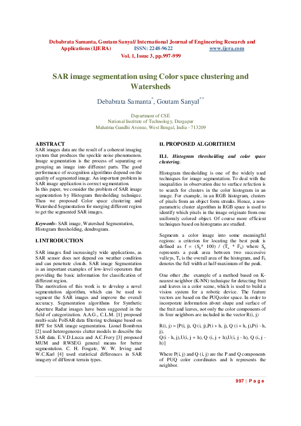 Pdf Sar Image Segmentation Using Color Space Clustering And Watersheds