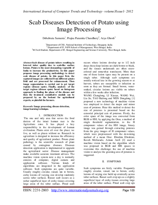 Pdf Scab Diseases Detection Of Potato Using Image Processing