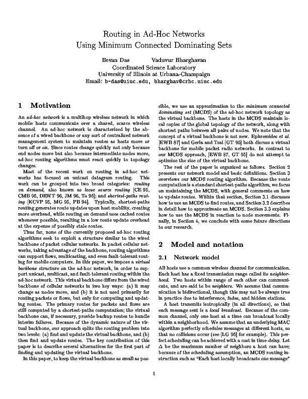 (PDF) Routing in ad-hoc networks using minimum connected dominating sets