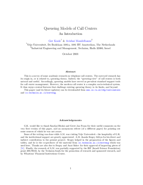 (PDF) Queueing models of call centers: An introduction