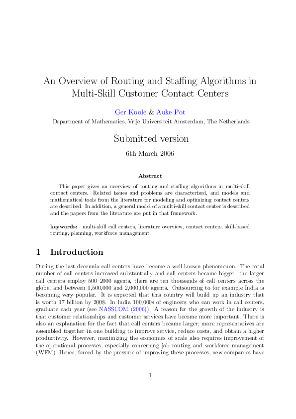 (PDF) An overview of routing and staffing algorithms in multi-skill customer contact centers ...
