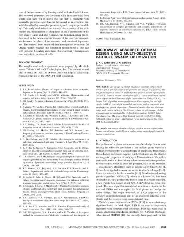 Microwave Absorber Optimal Design Using Multi‐objective Particle Swarm Optimization