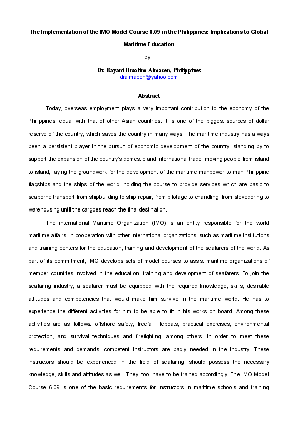 (DOC) The IMO Model Course 6.09: Implications to Maritime Education in ...