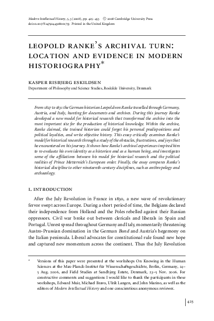 (PDF) Leopold Ranke’s Archival Turn: Location and Evidence in Modern ...