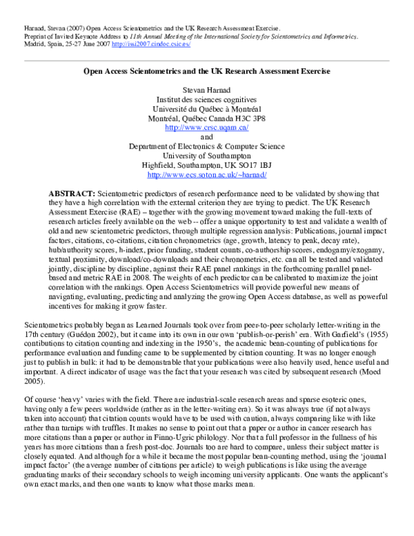 (PDF) Open access scientometrics and the UK Research Assessment Exercise