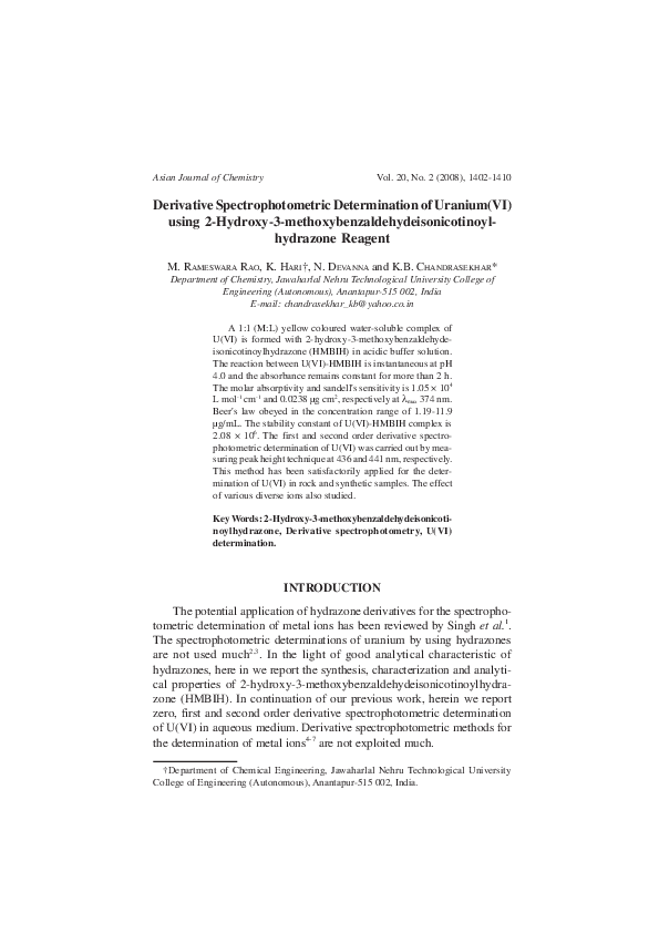 Pdf Derivative Spectrophotometric Determination Of Uranium Vi Using