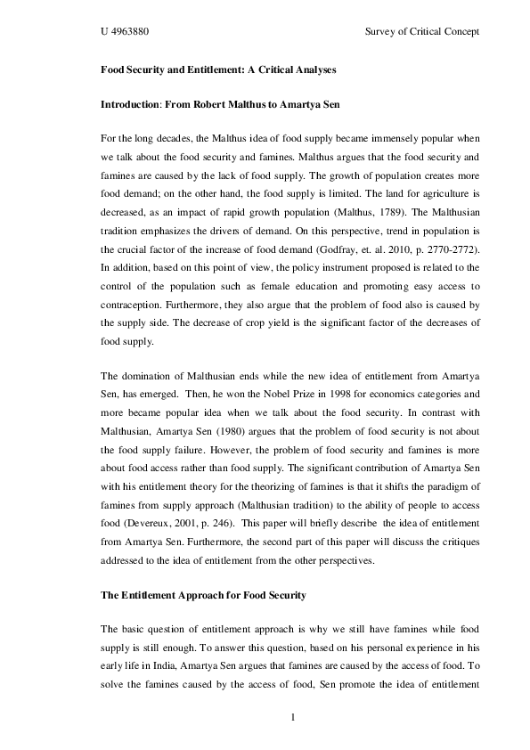 (PDF) Food Security and Entitlement: A Critical Analyses